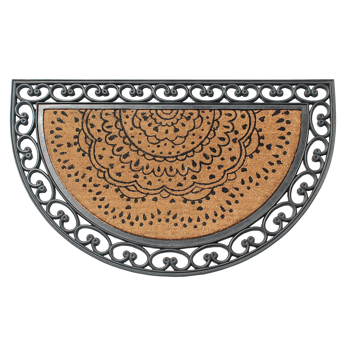 A1 Home Collections A1HOME200131 Heavy Duty Welcome Doormat A1HC Natural Coir & Rubber Round Door Mat, 30" X 48", Half Circle Paisley Black