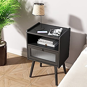 SOOWERY Mid Century Modern Nightstand, Side Table with Storage, Bedside Tables with Glass Door, End Table with Solid Wood Legs for Bedroom, Living Room and Small Spaces, Black