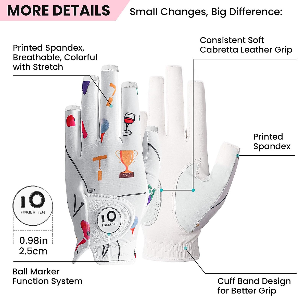 FINGER TEN Golf Gloves Women Left Right Hand Leather with Ball Marker Value Pack, Colored Glove for Ladies Right Left Handed Golfer All Weather Grip (Half-Golf Party, Large, Left)