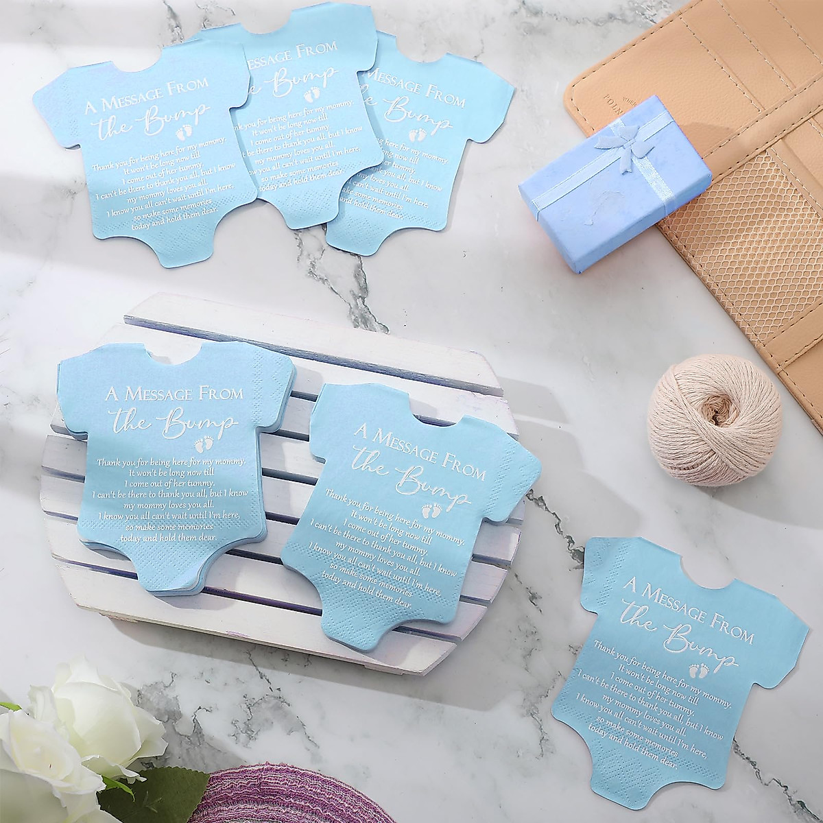 Colarr 100 Pcs Small Baby Shower Napkins Bodysuit Shape Gender Reveal Decorations Party Napkins a Message from the Bump Cocktail Disposable Paper Napkins for Baby Shower Thank You Gift (Blue)