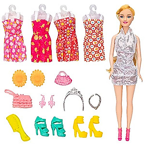 Doll Closet Wardrobe with 11.5” Fashion Doll and and Doll Accessories, Including 4 Dresses, 3 Pairs of High Heel Shoes, Tote Bag and Doll's Hair Clips, Gift for Girls for Christmas and Birthday