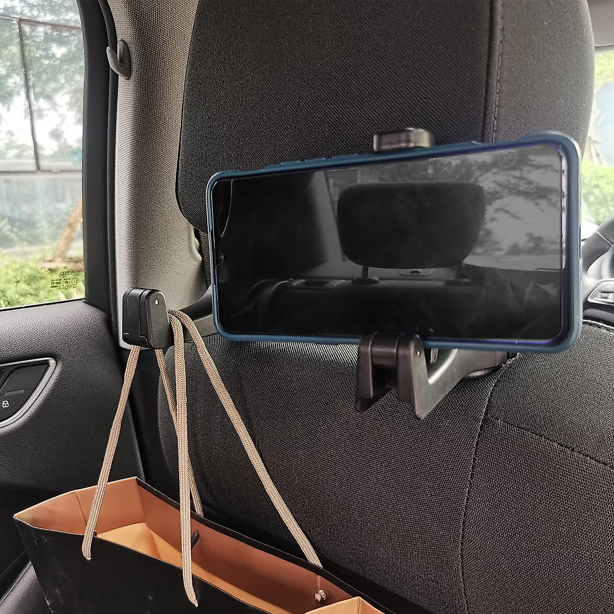 2 in 1 Car Seat Hooks,2PCS Multifunctional Car Seat Back Hooks with Mobile Phone Holder, Universal Car Seat Internal Accessories Hooks, for Phones, Bag, Umbrellas, Clothes (Carbon Black)