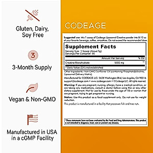 Codeage Liposomal Creatine Monohydrate Powder Supplement, Pure Creatine 5000mg 3-Month Supply, Unflavored Creatine, Micronized Creatine Powder, Creatinine Sports Muscles, Keto-Friendly - 90 Servings