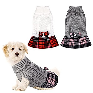 Pedgot 2 Pieces Dog Sweater Dress Plaid with Bowtie Turtleneck Dog Knitwear Pet Sweater Pullover Sweater for Dogs Cat Dress Checked (Beige, Grey, Large