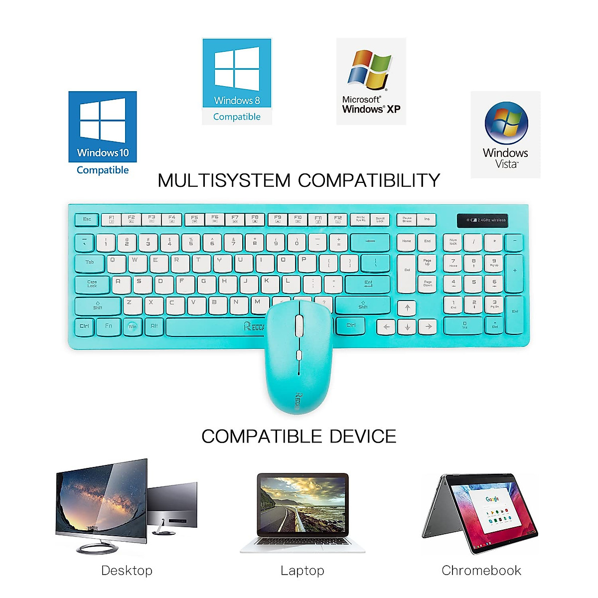 RECCAZR Wireless Keyboard and Mouse Combo, Full-Sized Wireless Keyboard and Adjustable DPI Mouse, 2.4GHz USB Receiver, Wireless Keyboard and Mouse for PC, Windows, Desktop, Laptop (Blue)