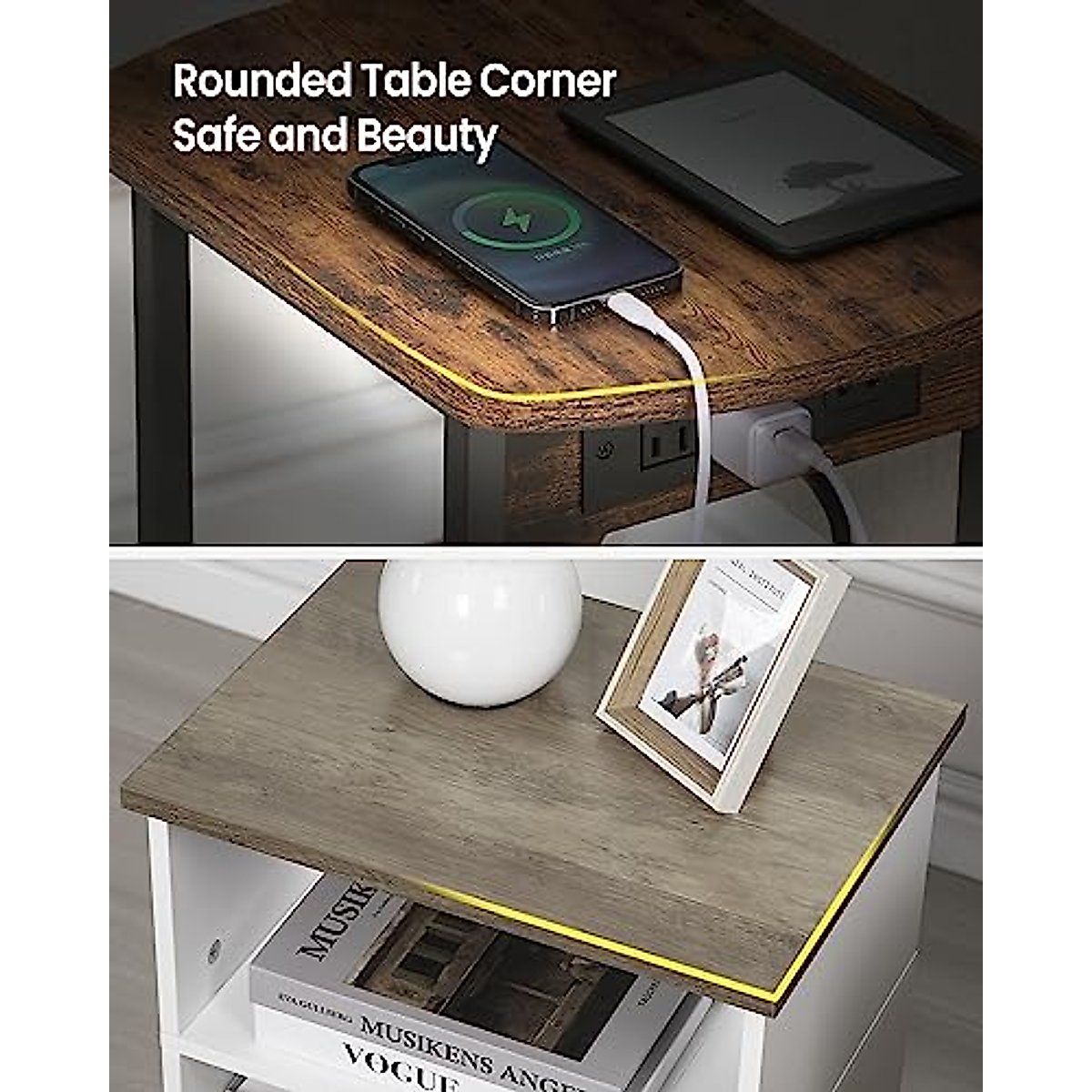 Hzuaneri Side Table with Charging Station, End Table with V-Mesh Magazine Holder, Industrial Record Player Stand with CD Album Storage Shelf, Rustic Brown and Black ET05401B