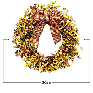Bibelot 20 Inch Fall Wreath Yellow with Green Leaves Wreath Yellow Daisy Artificial Grains Yellow Flower Wreath for Front Door Wreath,Farmhouse Decor Indoor&Outdoor Wedding Wall Home Decor