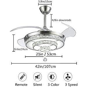 efperfect 42" Crystal Ceiling Fan with Light Retractable Blades Chrome Modern LED Chandelier Remote 3 Color Changes 3 Speeds Silent Ceiling Fans Lighting Fixture, LED Kits Included