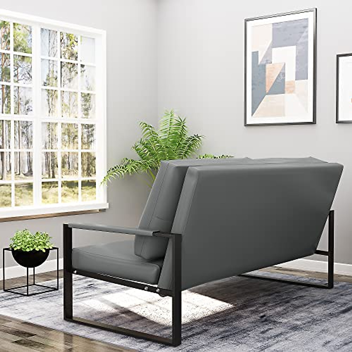Lamerge Mid-Century Modern Leather Loveseat, 2-seat Loveseat Sofa Couch,Living Room Loveseat Metal Armchair Accent Chair,Upholstered Sofas for Small Space,Bedroom, Apartment,Easy-Assembly, Grey