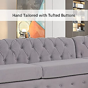 NOSGA Large Sofa,Velvet Sectional Sofa with Chaise Lounge, Modern Seater Couch Furniture, seat Sofa Classic Tufted Chesterfield Settee Sofa Tufted Back for Living Room (Grey)