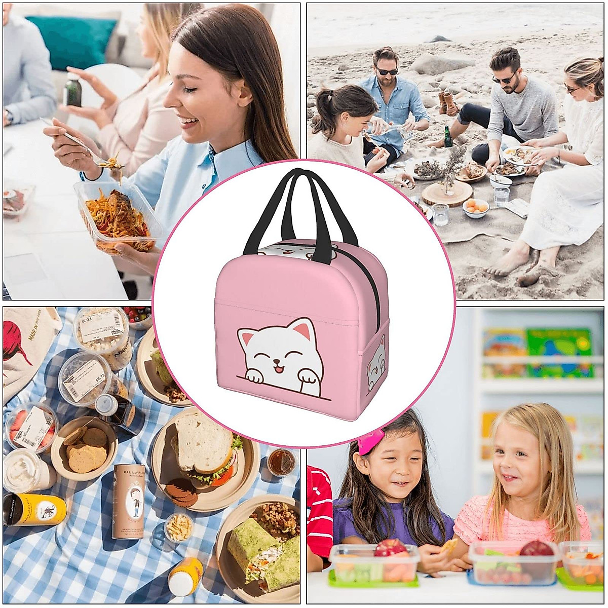 Ucsaxue Cute White Cat Cartoon Lunch Box Reusable Lunch Bag Work Bento Cooler Reusable Tote Picnic Boxes Insulated Container Shopping Bags For Adult Women Men