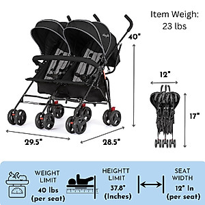 Dream On Me Volgo Twin Umbrella Stroller in Black, Lightweight Double Stroller for Infant & Toddler, Compact Easy Fold, Large Storage Basket, Large and Adjustable Canopy