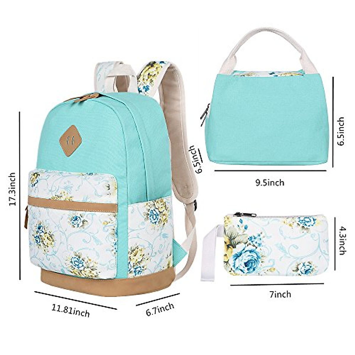 Bluboon Canvas School Backpack Set 3 Pieces Lightweight Teen Girls Bookbags Insulated Lunch Bag Pencil Case (Water Green-flower)