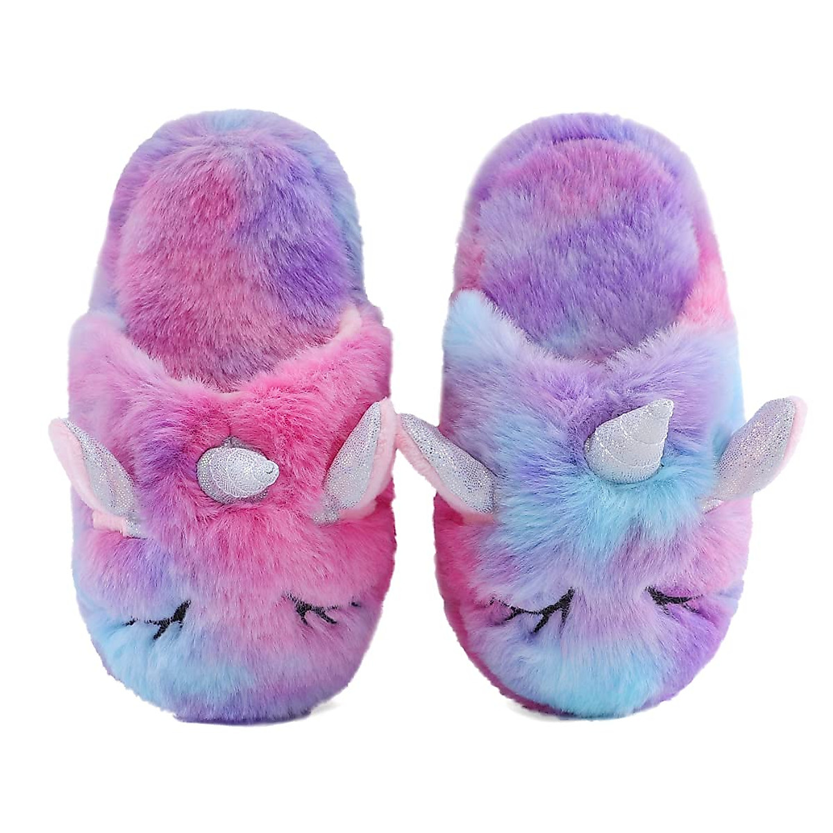 KAKU NANU Kids Slippers Fluffy Slippers Warm Rainbow Slippers Memory Foam Home Slides for Girls Boys(2.5-3.5 big kid)