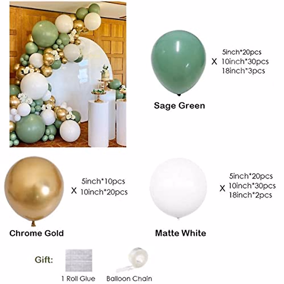 137Pcs Sage Green White Gold DIY Balloon Arch Arch Kit Bridal Shower Green Baby Shower Sage Green White And Chrome Gold Balloon Garland (Green)
