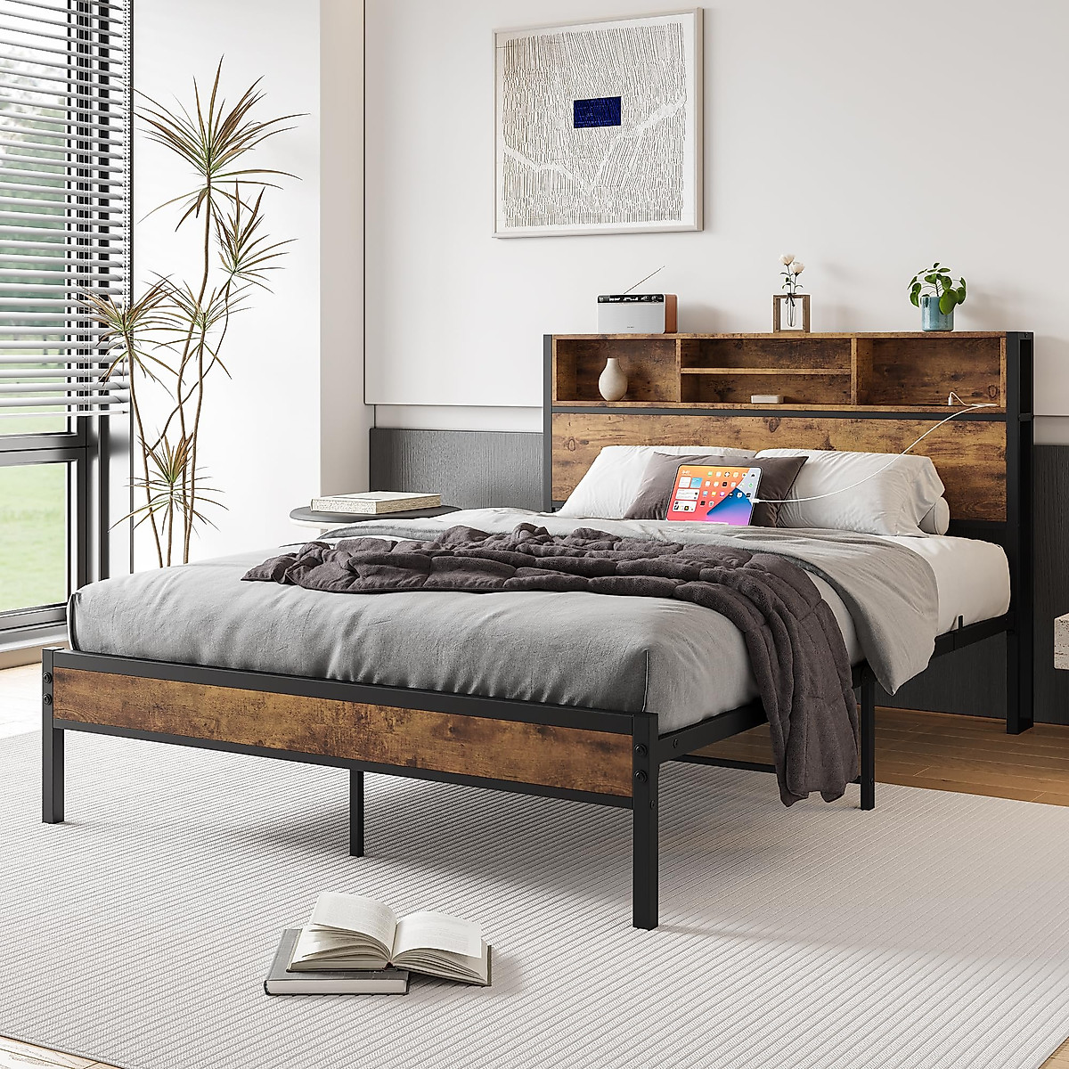 Crocofair Bed Frame Full Size with Bookcase Headboard/USB Charging Station,Metal Platform Bed, Mattress Foundation,No Box Spring Needed,Noise-Free,Black & Rustic Brown