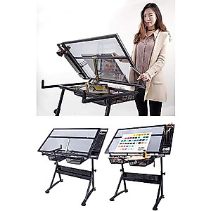 XiVue Drafting Table with Storage, Height Adjustable Tiltable Art Desk, Glass Panel Drawing Desk, for Work Study Painting Craft Table