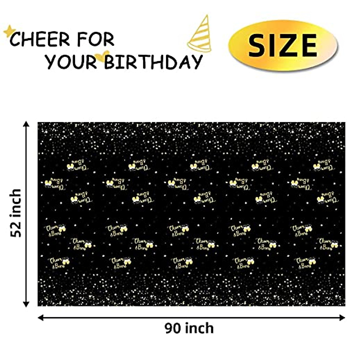 Trgowaul Happy Birthday Tablecloth, Cheers 52 x 90 Inches Rectangle Black and Gold Plastic Tablecovers for Party Supplies Decoration (Cheers tablecover(3pcs))