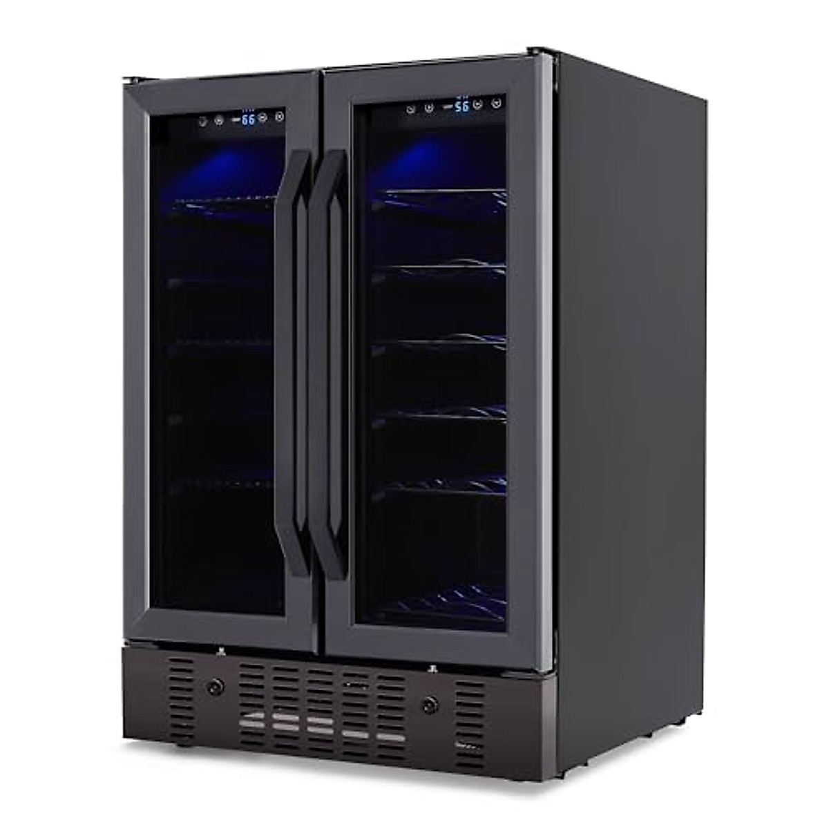 NewAir 24” Wine and Beverage Refrigerator and Cooler, 18 Bottle and 60 Can Capacity, Built-in Dual Zone Fridge in Black Stainless Steel with French Doors