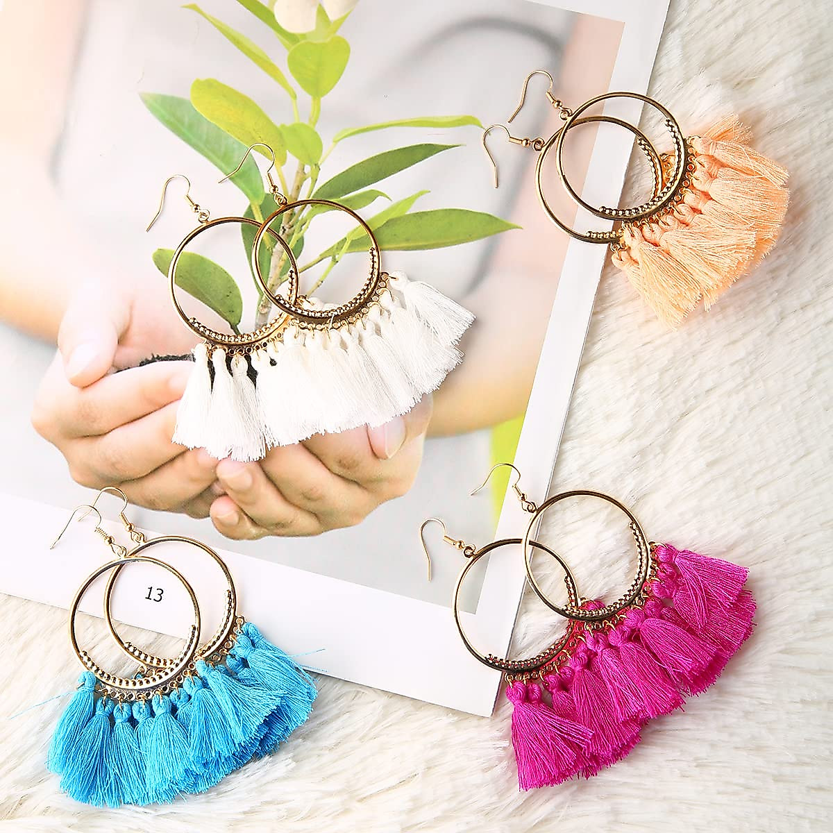 LANTAI 12 Pairs Bohemian Tassel Earrings for Women Trendy Colorful Fringe Summer Beach Statement Earrings