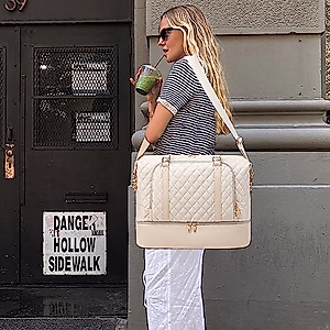 CAMTOP Women Ladies Travel Weekender Bag Overnight Duffel Carry-on Tote Bag with Luggage Sleeve fit 15.6 Inch Laptop Computer (Beige,Quilted)