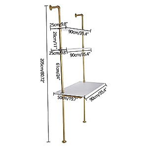 LOYALHEARTDY Wall Mount Ladder Desk Industrial Computer Desk with Shelves White and Gold Desk Writing Study Table Home Office Computer Table 3-Tier Wall Ladder Desk