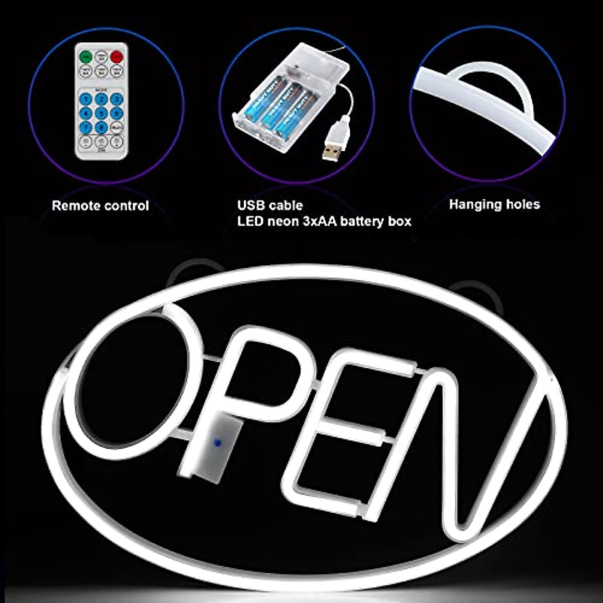 AMEVRGTHS Open Neon LED Sign Light for Business Window, 8 LED Lighting Modes, 16"x 10", Battery/USB Powered with Remote Control Adjustable Brightness for Door Sign Birthday Party Christmas (White)