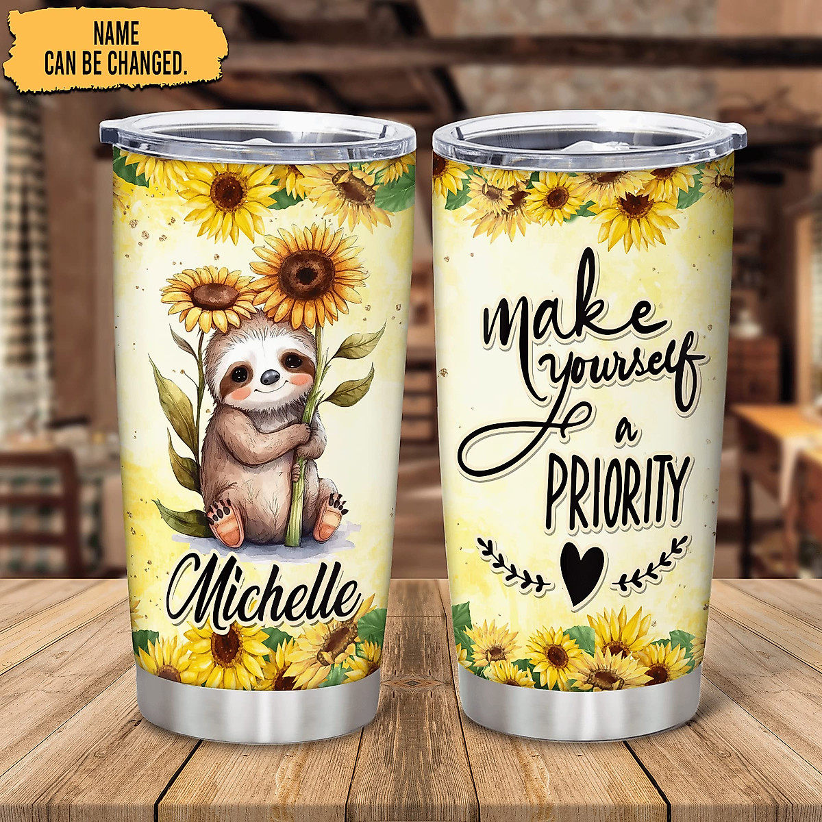 Hyturtle Personalized Gifts For Sloth Lover - Make Yourself A Priority Custom Name Stainless Steel Tumbler 20oz With Lid - Idea Animal Lover Gifts For Women Girl On Birthday, Christmas