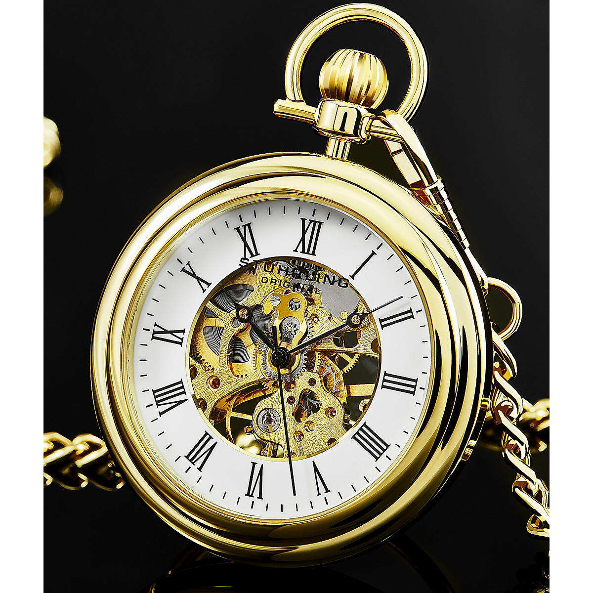 Stuhrling Original Men's Pocket Watch Stainless Steel Analog Skeleton Watch Hand Wind Mechanical Movement Stainless Steel Chain (Silver) (Gold)