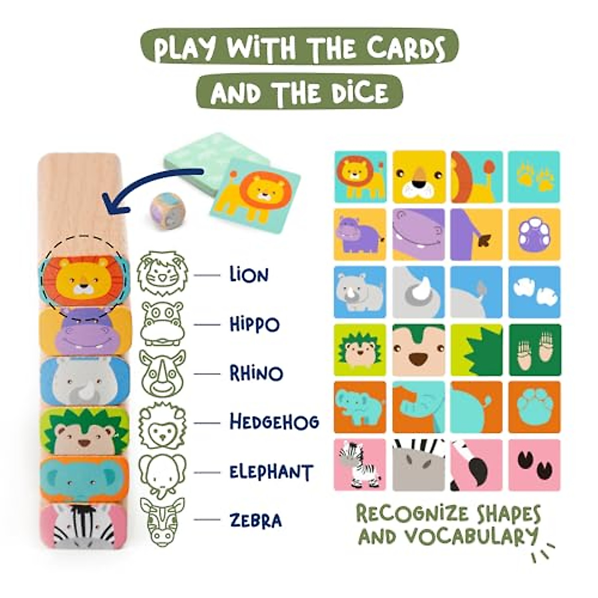 Nene Toys Wooden Block Stacking Game – 4-in-1 Tumble Tower Family Board Game with Building Blocks, Cards and Dice – African Safari Educational Wooden Toy for Kids 3-9 Years Old About Animals