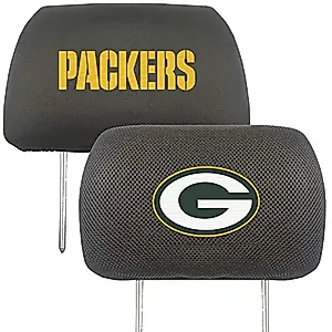 FANMATS 12498 Green Bay Packers Embroidered Head Rest Cover Set, Black, 2 Pieces