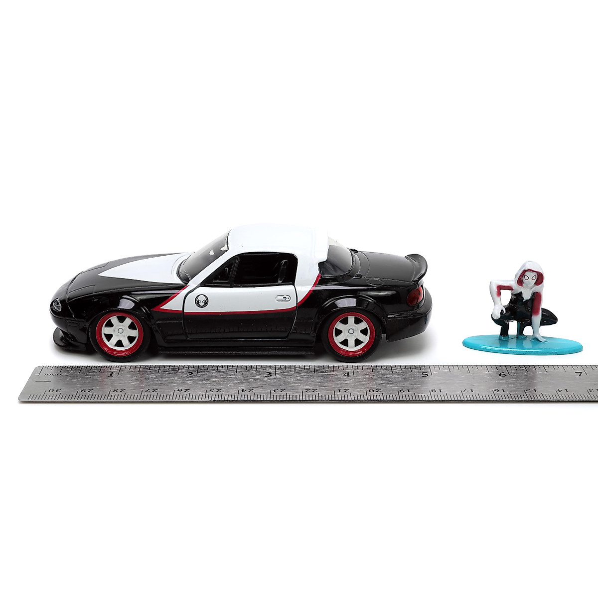 Jada 1990 Mazda Miata Black and White with Graphics and Ghost Spider Diecast Figure Spider-Man Marvel Series 1/32 Diecast Model Car