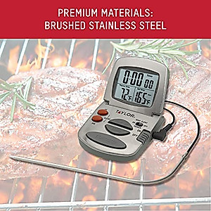 Taylor Programmable with Timer Instant Read Wired Probe Digital, Meat, Food, Grill BBQ Cooking Kitchen Thermometer, Stainless Steel