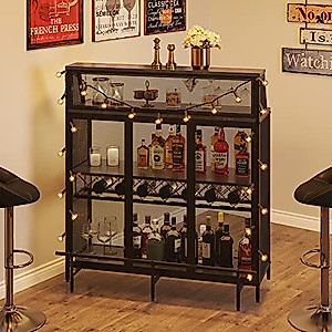 KFO Home Bar Unit, 4 Tier Bar Cabinet with Footrest, Industrial Metal Liquor Cabinet with Wine Rack Storage Shelf, Buffet Cabinet for Home Kitchen Pub (Black)