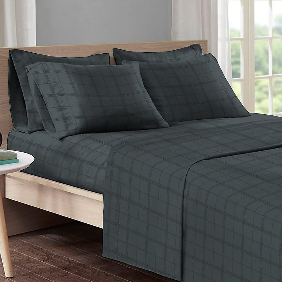 Pizuna Cotton Sheets Queen Size, 300 Thread Count Long Staple Cotton Soft Sateen Sheets Queen with 15inch Deep Pocket (Combed Checks Luxury Anthracite Grey Cotton Sheets Queen)