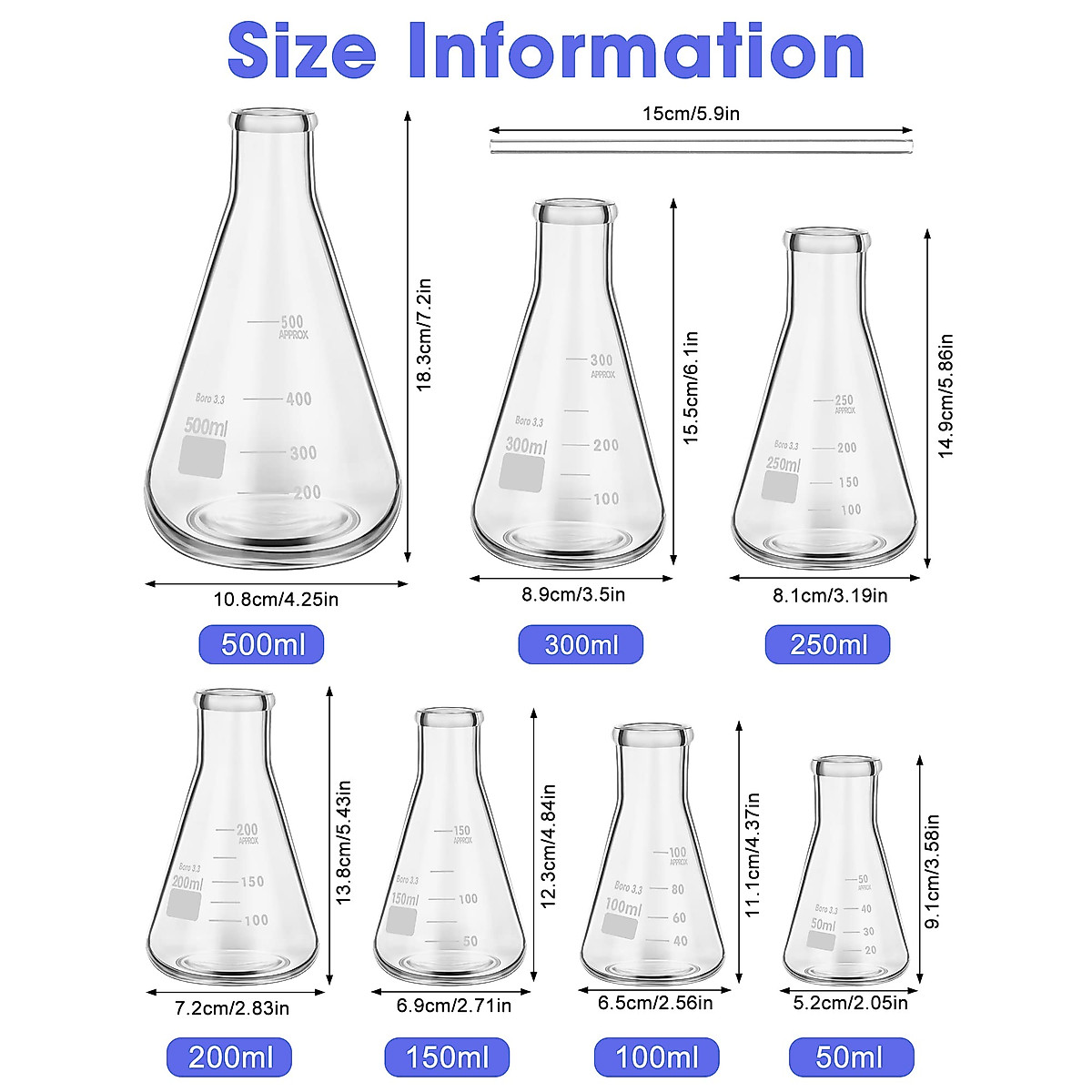 9 Pack Glass Erlenmeyer Flask Set with Glass Stirring Rod, 7 Sizes, 50ml, 100ml, 150ml, 200ml, 250ml, 300ml, 500ml, Borosilicate Glass Erlenmeyer Flasks with Printed Graduation for Lab Chemistry