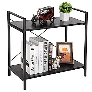 Nouva Small Bookshelf for Small Space 2 Tier Industrial Bookcase Wood and Metal Bookshelves Open Shelf for Bedroom, Living Room, Office, Kitchen, Dark Gray Oak