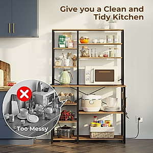 Rolanstar Baker's Rack, 60.9inch 10-Tier Kitchen Utility Storage Shelf with 15 Hooks, Large Kitchen Rack with Power Outlet, Microwave Oven Stand, Stable Coffee Bar, Rustic Brown