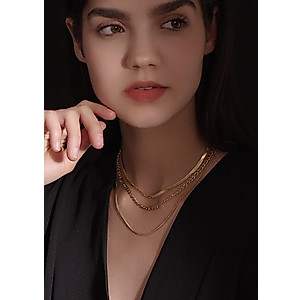 Elegance 11 designs 14k Gold Layered Herringbone Figaro Chain Necklaces Set For Women Real Gold Plated Stainless Steel Choker Flat Snake Chain Gold Non Tarnish Jewelry For Women