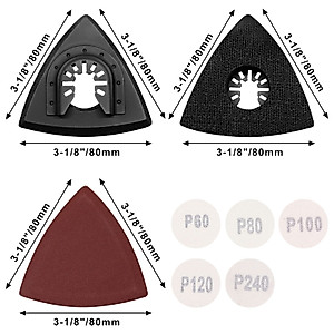 SWZHAI 5 PCS 3-1/8" Oscillating Tool Sanding Pad & 125 Pcs 80mm Triangle Sanding Pads Assorted 60/80/100/120/240 Grits, Universal Triangular Hook & Loop Multitool Sanding Pads Attachment Kits