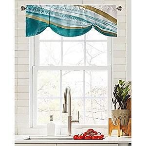 Abstract Tie Up Valance for Kitchen Windows, Turquoise White Gold Marble Texture Tie-up Curtain Shade Valances 42"x12" Rod Pocket Short Curtains Window Treatment for Living Room Stone Fluid Art