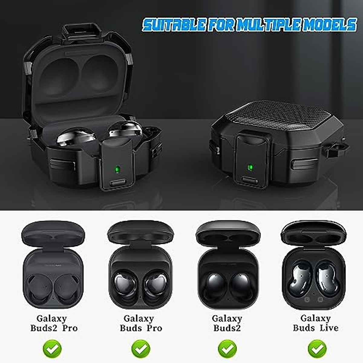 RFUNGUANGO for Samsung Galaxy Buds 2 Pro/Buds Pro/Buds Live/Buds 2 Case Cover/Galaxy Buds FE (2023, Military Carbon Fiber case with Keychain/Zipper/with Cleaner Kit(Anti-Drop Lock)-Black