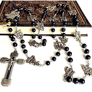 elegantmedical Stations of the Cross Prayer Rosary Real Black Pearl Beads Necklace Catholic Gifts Box