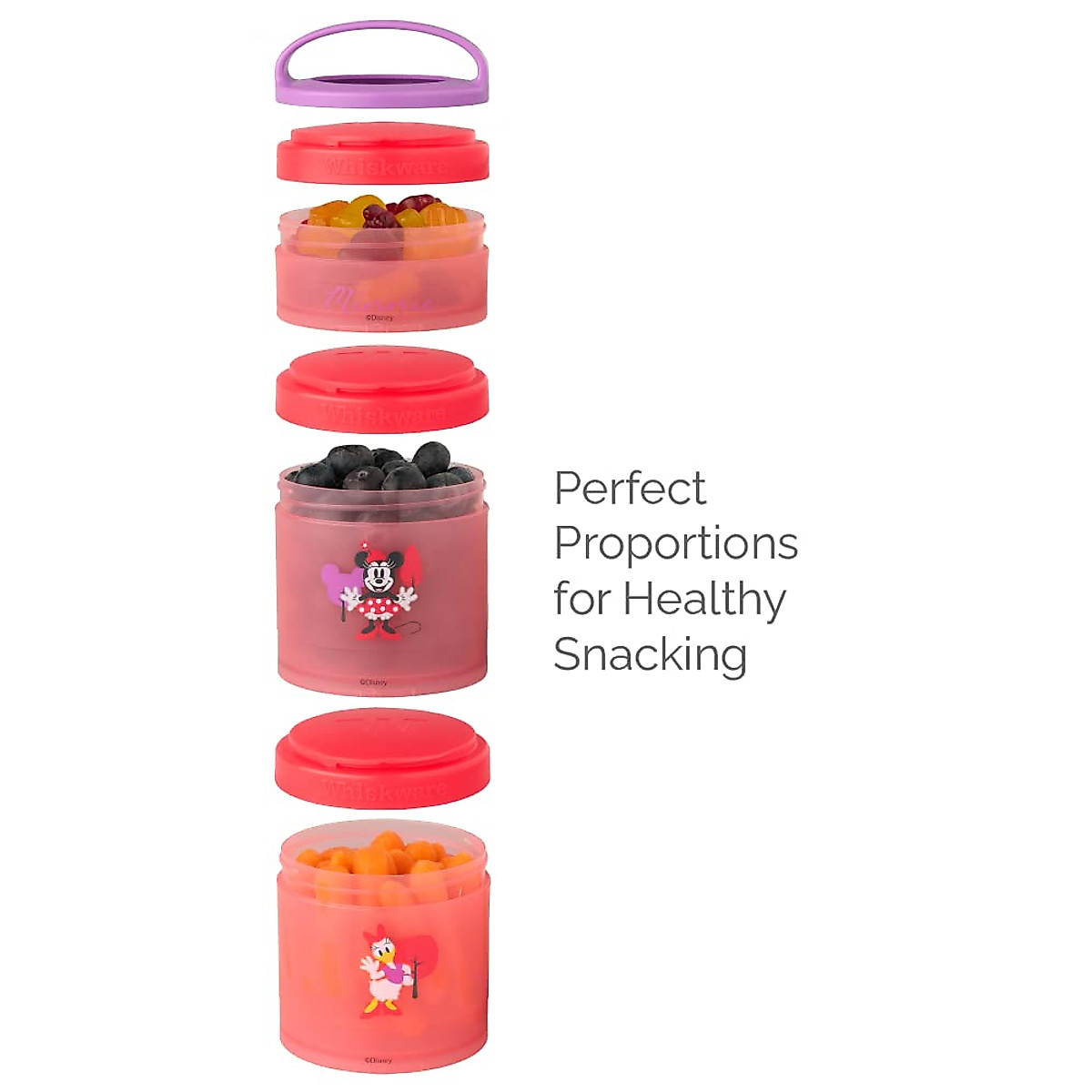 Whiskware Disney Stackable Snack Containers for Kids and Toddlers, 3 Stackable Snack Cups for School and Travel, Minnie and Daisy
