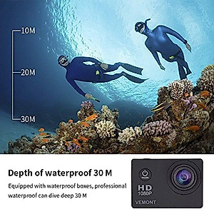 VEMONT Action Camera, 1080P 12MP Sports Camera Full HD 2.0 Inch Action Cam 30m/98ft Underwater Waterproof Snorkel surf Camera with Wide-Angle Lens and Mounting Accessories Kit