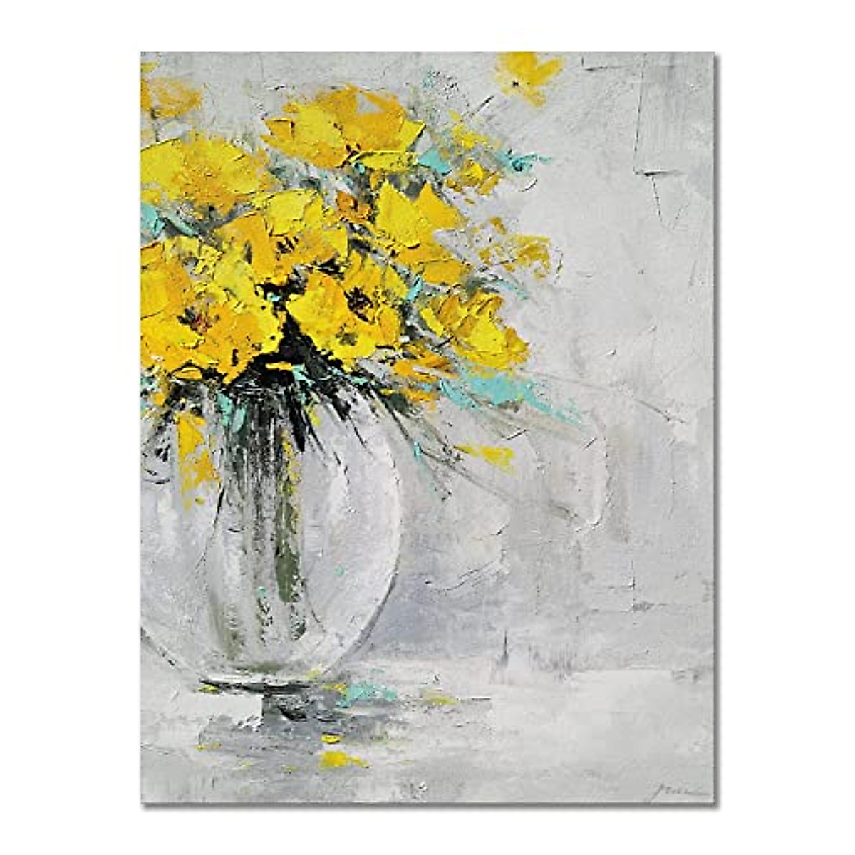 YHSKY ARTS Yellow Sun Flower in Vase Wall Arts - Hand Painted Still Life Canvas Oil Paintings - Modern Botanical Pictures for Living Room Bedroom Bathroom Decor