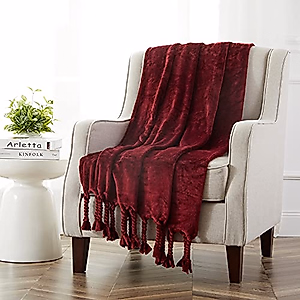 Homiest Fleece Throw Blanket with Fringe, Soft & Cozy Flannel Wine Red Throw Blanket, Lightweight Decorative Throw Blanket for Sofa Bed Chair All Season (Burgundy, 50 x 60 Inch)
