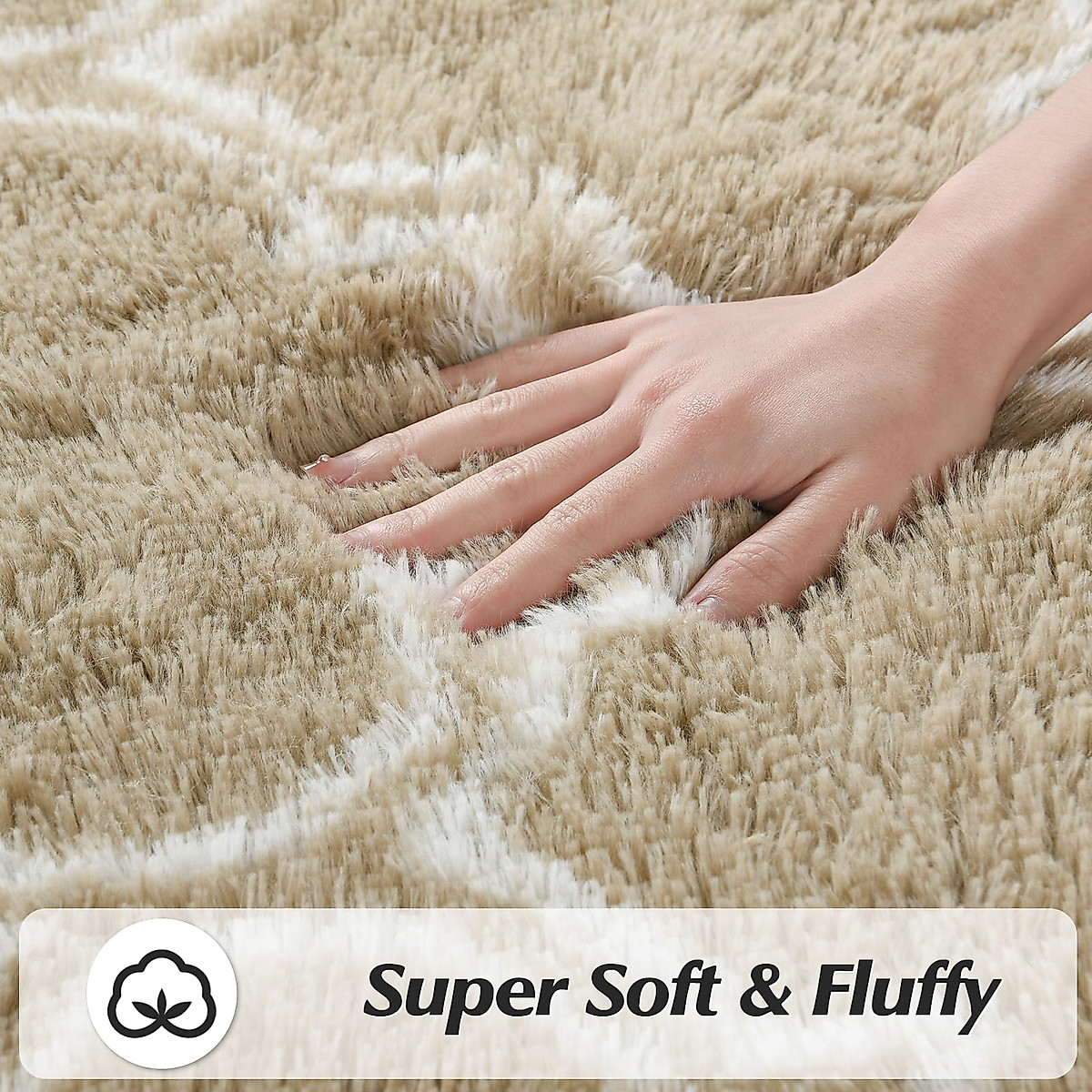 Hutha 8x10 Shag Large Area Rugs for Living Room, Beige and White Modern Super Soft Bedroom Carpet, Moroccan Luxury Geometric Plush Fluffy Rug for Kids Nursery Girls Room Indoor Home Decor