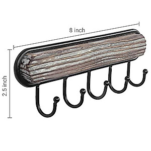 MyGift Decorative Wall Mounted Torched Wood Entryway Coat Rack and Key Holder Rack with 5 Hooks and Black Metal Frame