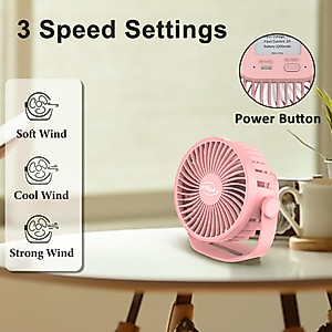 efluky USB Small Desk Fan, 3 Speeds USB Rechargeable Fan Built-in Battery, 360° Adjustment Portable Mini Fan Suitable for Home, Office and Travel, Pink
